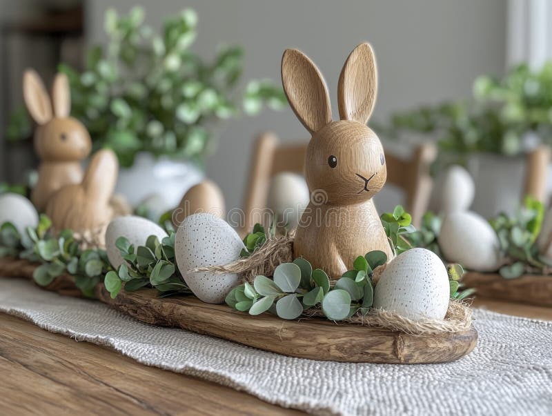 A Charming Easter Display Features Handcrafted Wooden Bunny Figurines ...