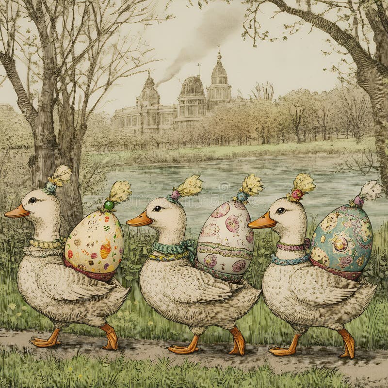 Charming Easter Ducks Carrying Decorated Eggs Spring Art Cute Park Lake ...