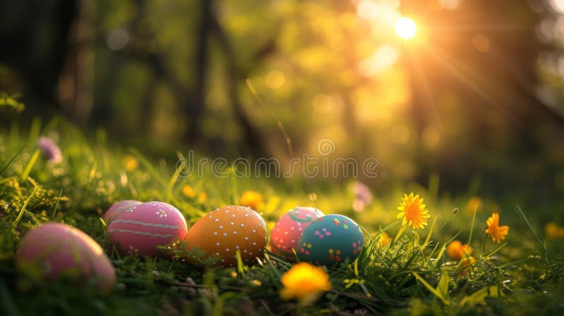 A Charming Easter Egg Hunt in a Sun-dappled Forest, Filled with ...