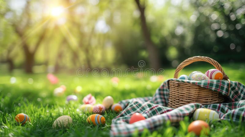A Charming Easter Picnic Backdrop, Featuring a Checkered Blanket, Woven ...