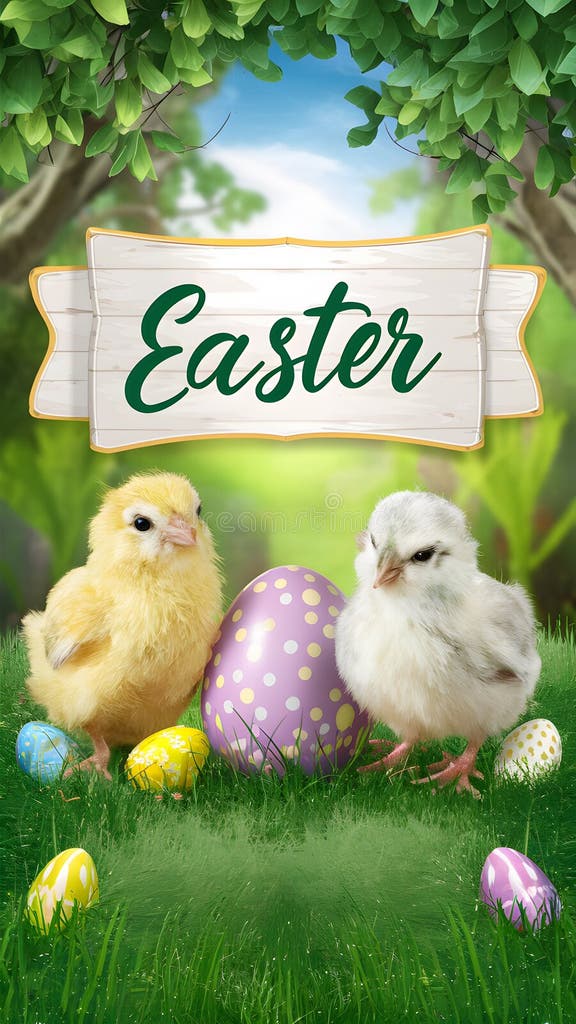 Charming Easter Scene Chicks, Eggs, Banner for Customizable Text Stock ...