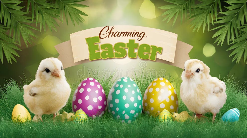 Charming Easter Scene Chicks, Eggs, Banner for Customizable Text Stock ...