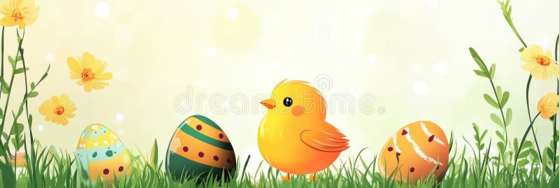 Charming Easter Scene with Colorful Eggs and a Cute Chick in Springtime ...