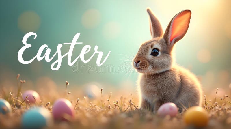 A Charming Easter Scene with a Fluffy Rabbit Amidst Scattered Eggs ...