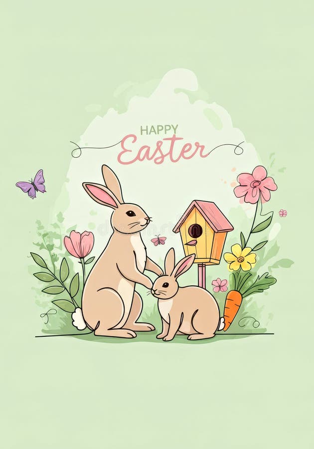 Charming Easter Scene with Rabbits and Springtime Garden Illustration ...