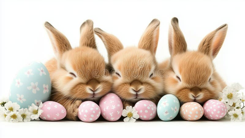 Charming Easter Scene with Three Sleeping Bunnies and Eggs Stock Image ...