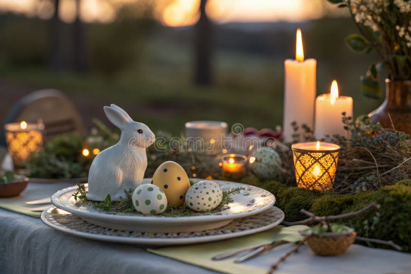 Charming Easter Table Arrangement Features a Bunny, Painted Eggs, and Soft Candlelight Stock ...