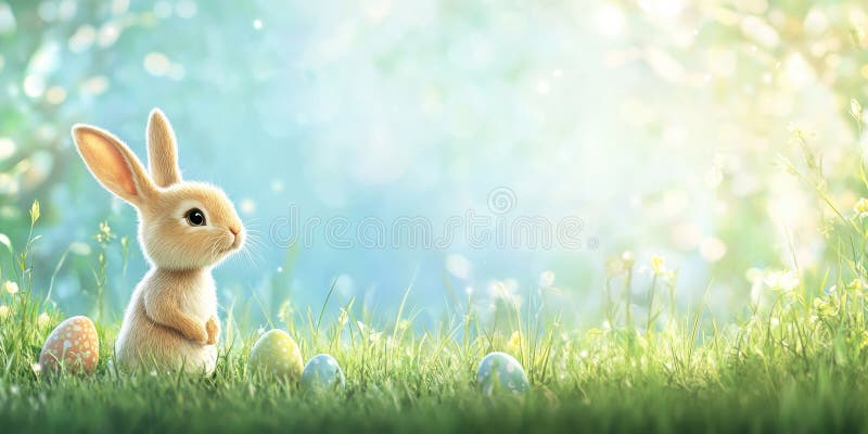 A Whimsical Easter Scene Featuring a Cute Rabbit Sitting Serenely ...
