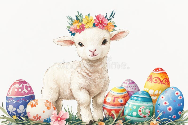 Charming Easter Watercolor of Baby Lamb with Floral Crown among Painted ...