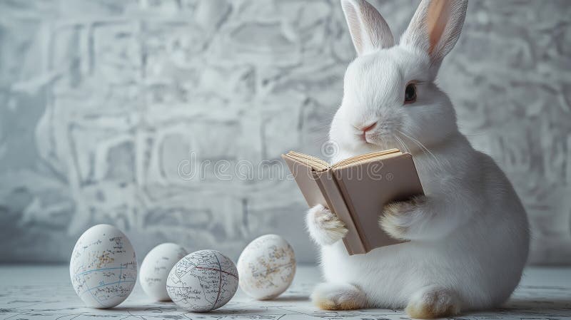 Easter Bunny Reading a Book Near with Easter Eggs Around in Cozy ...