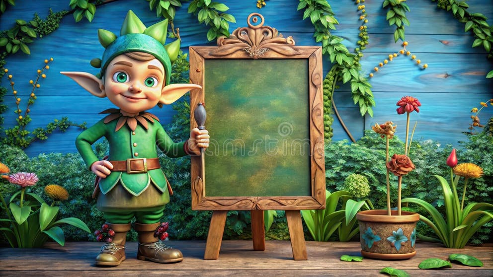Charming Elf with Blank Sign in a Whimsical Garden Setting. Generative ...