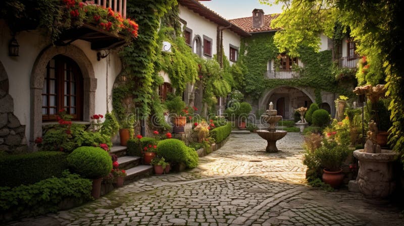 A Charming European Courtyard Garden with Cobblestone Paths Stock ...
