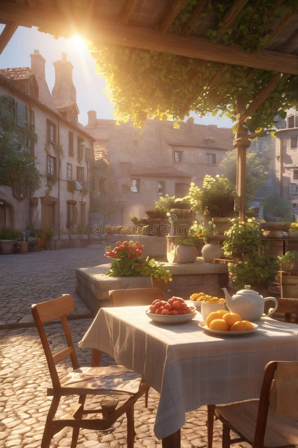 Charming European Village Square with Table Setting at Sunset Stock ...