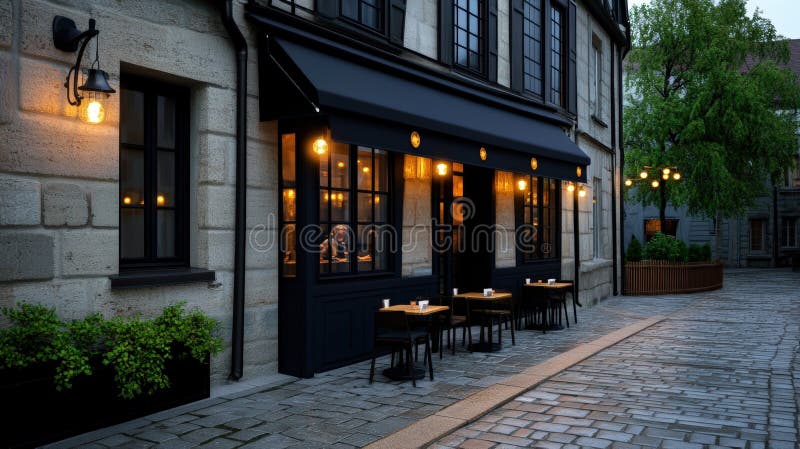 Charming Evening Scene of a Cozy Restaurant Exterior with Warm Lights ...