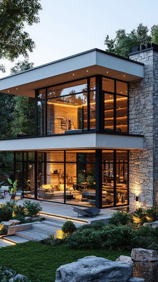 Charming Evening View of a Modern Architectural Gem with Rich Textures ...