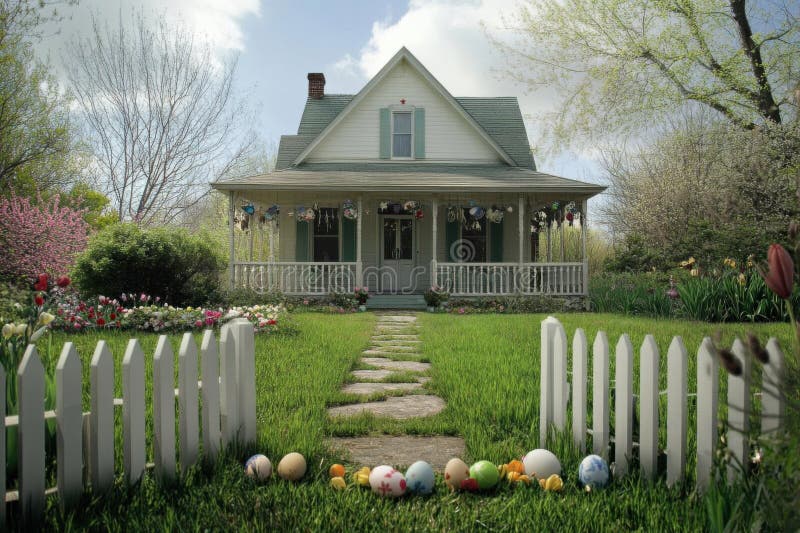 Charming Farmhouse Decorated for Spring with Easter Eggs and Colorful ...