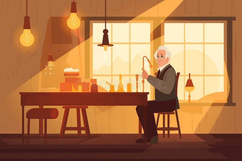 Thomas Edison Flat Illustration: Inventing Light Bulb in Lab, Second ...