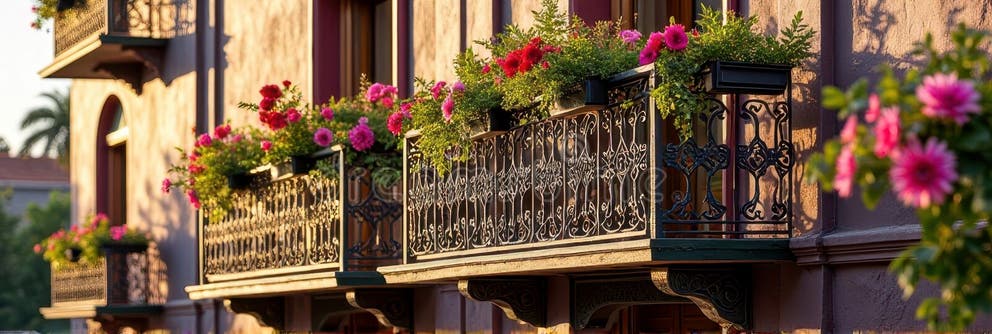 Charming Floral Balconies with Wrought Iron Railings at Sunset Stock ...