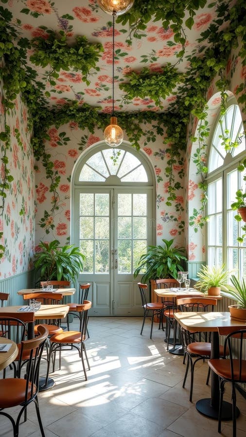 Charming Floral Cafe Interior with Arched Windows and Lush Greenery ...