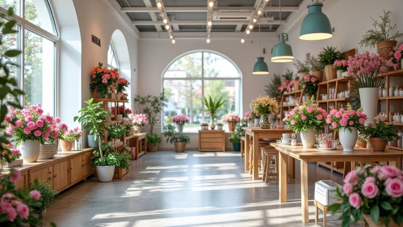Charming Flower Shop Interior with Abundant Sunlight and Lush Greenery ...