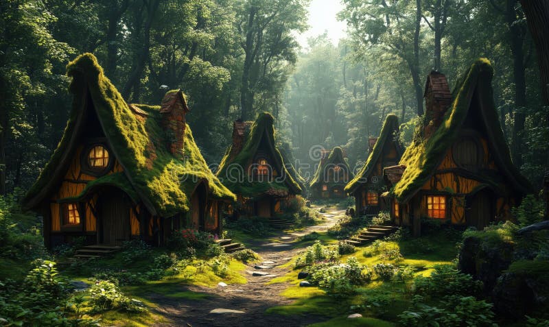 Charming Forest Village with Moss-covered Cottages and Lush Greenery ...