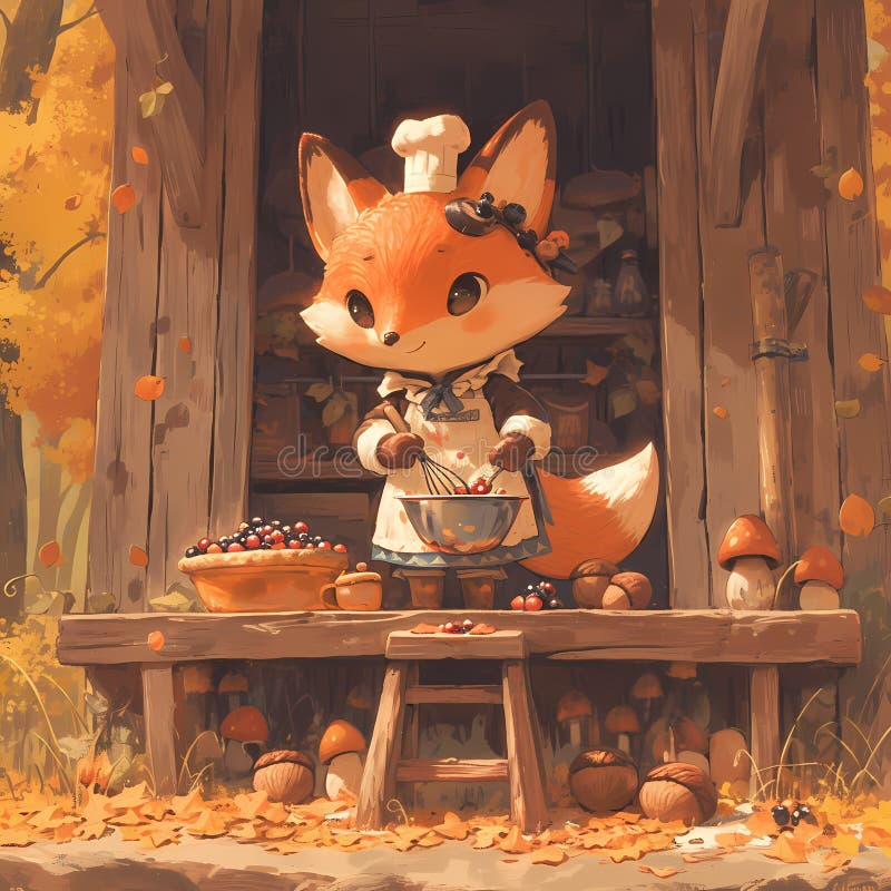 A Charming Fox Chef in a Cozy Kitchen Stock Illustration - Illustration ...