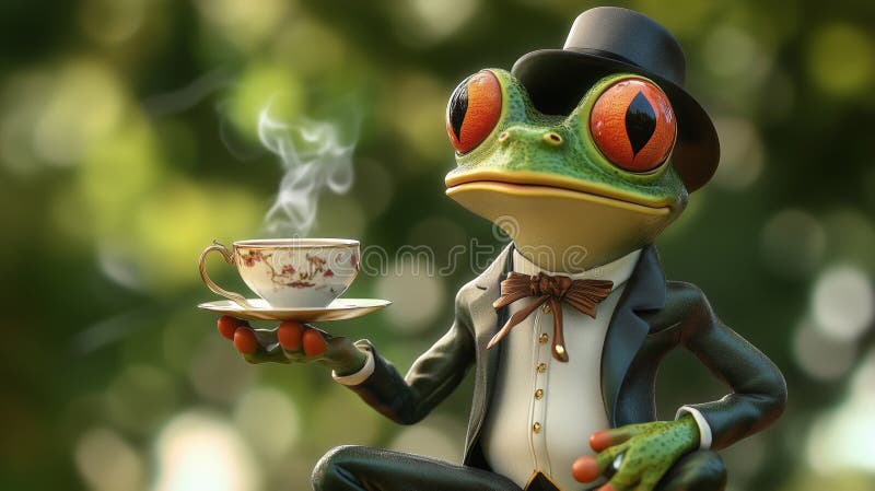 Charming Frog with Tea and Bowtie in Nature Stock Image - Image of ...