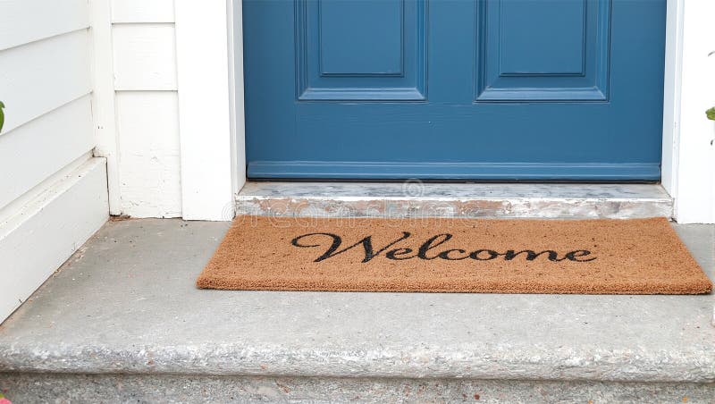 Charming Front Step with Blue Door and Welcome Mat in Elegant ...