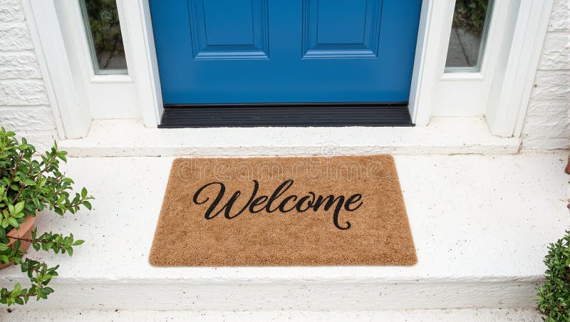 Charming Front Step with Blue Door and Welcome Mat in Elegant ...