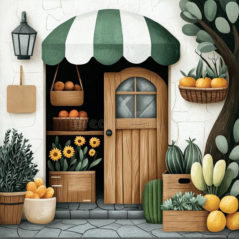 Charming Fruit Stand with Green Awning and Flowers in a Rustic Setting ...