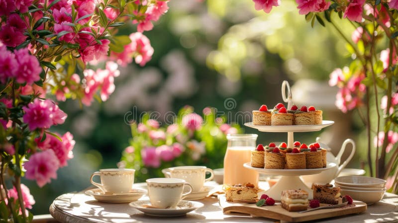 A Charming Garden Party with Tea and Cakes, Surrounded by Blooming ...
