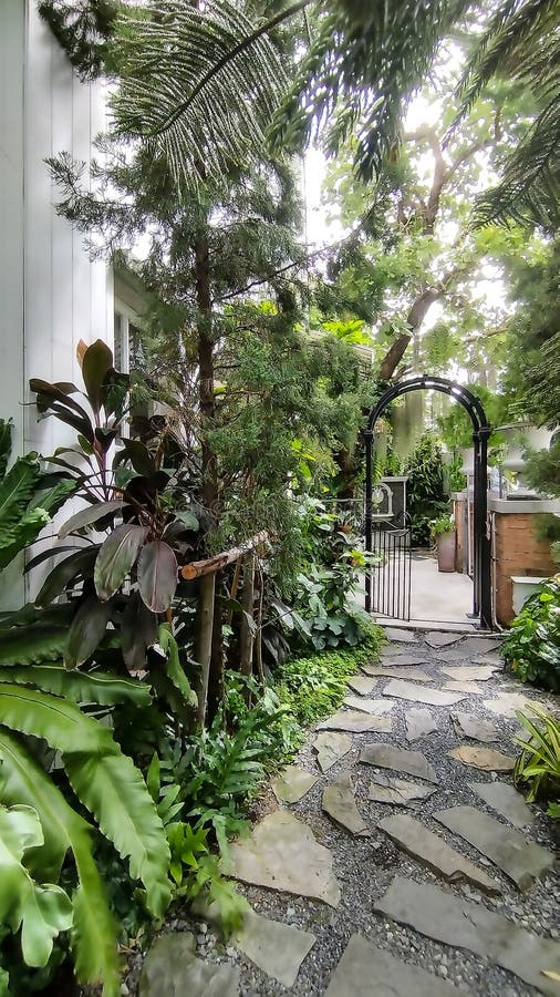 Charming Garden Walkway with Greenery and Open Gate Under Daylight ...