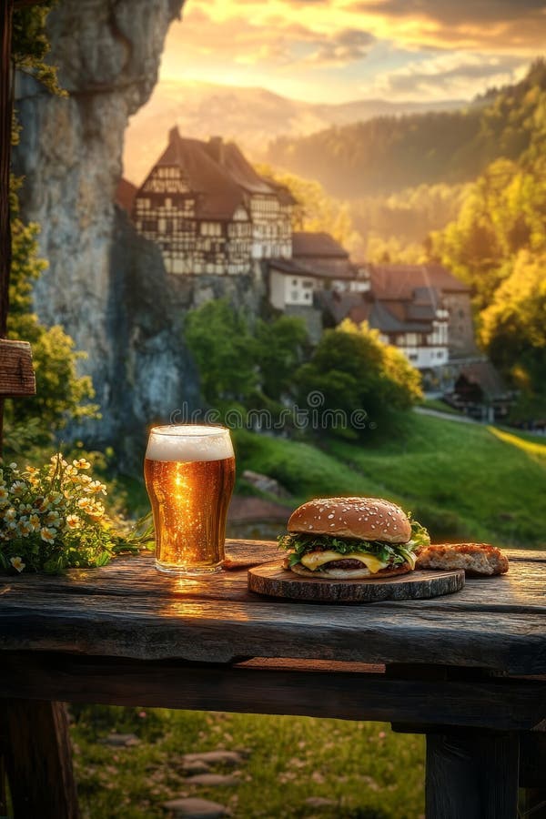 Charming German Scene Beer and Burger on Rustic Table Against Scenic ...