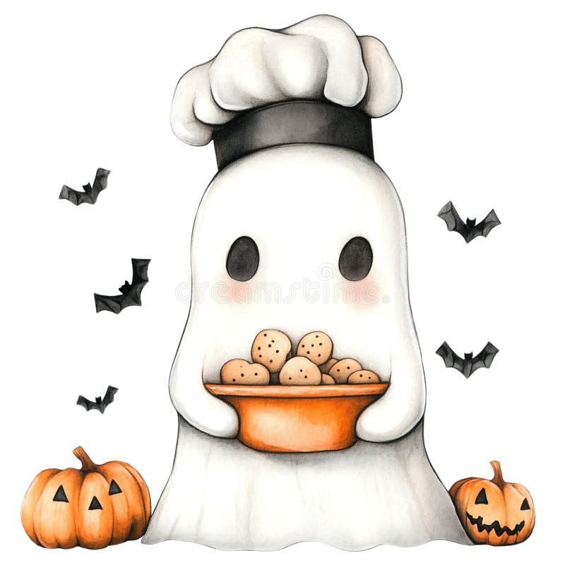 Charming Ghost Baking Cookies Wearing a Chef S Hat Stock Image ...