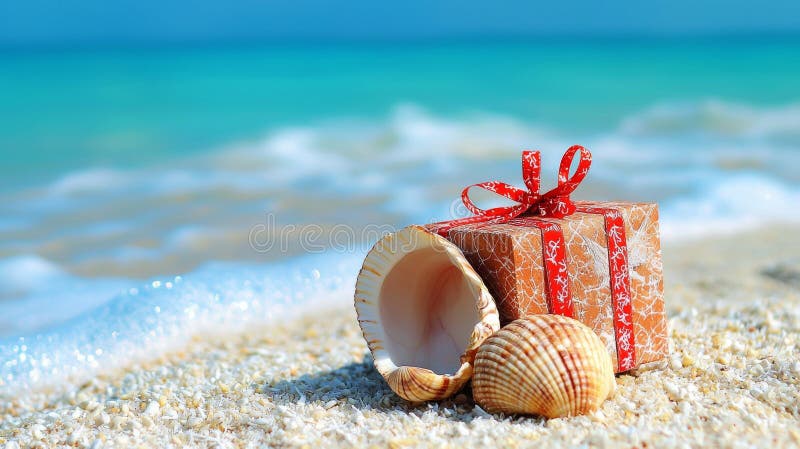 Charming Gift Box Nestled in a Seashell on a Serene Beach Stock ...