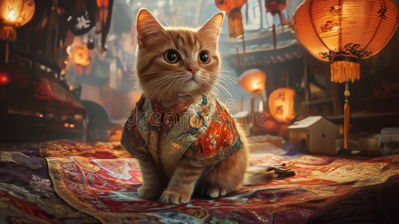 Charming Ginger Cat Dressed in Silk Costume in Whimsical Setting Stock ...