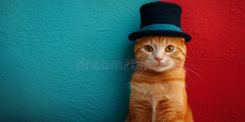 Charming Ginger Cat in a Knitted Hat on a Bright Background with Empty ...