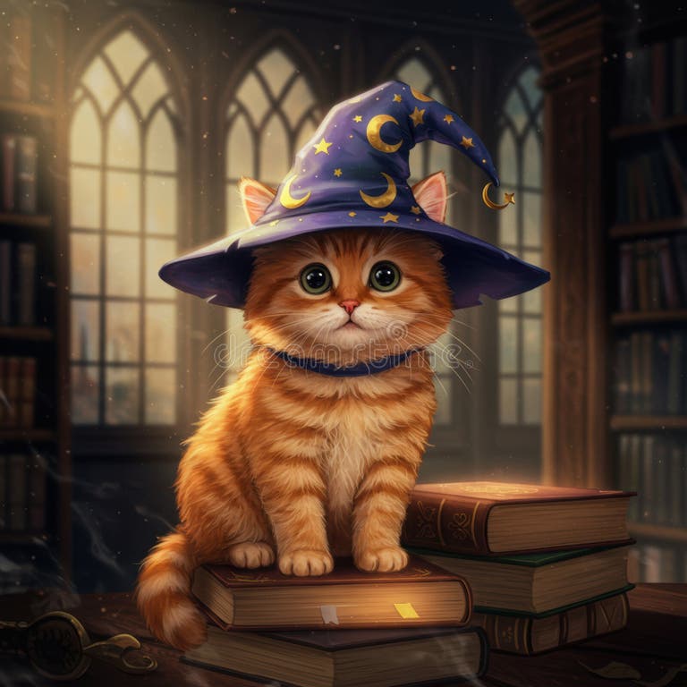 Charming Ginger Kitten Dons a Wizard Hat Amidst a Classic Library ...