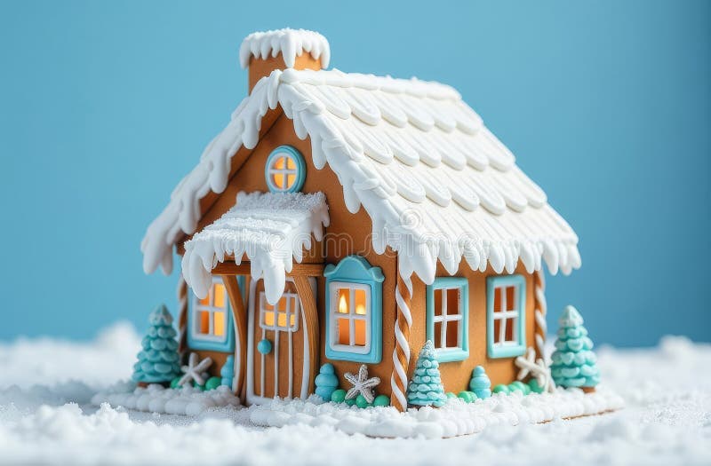 A Charming Gingerbread House Decorated with Snowy Icing, Glowing ...