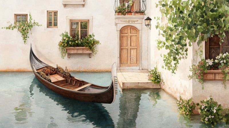 Charming Gondola by Rustic Venice Building with Lush Greenery Stock ...