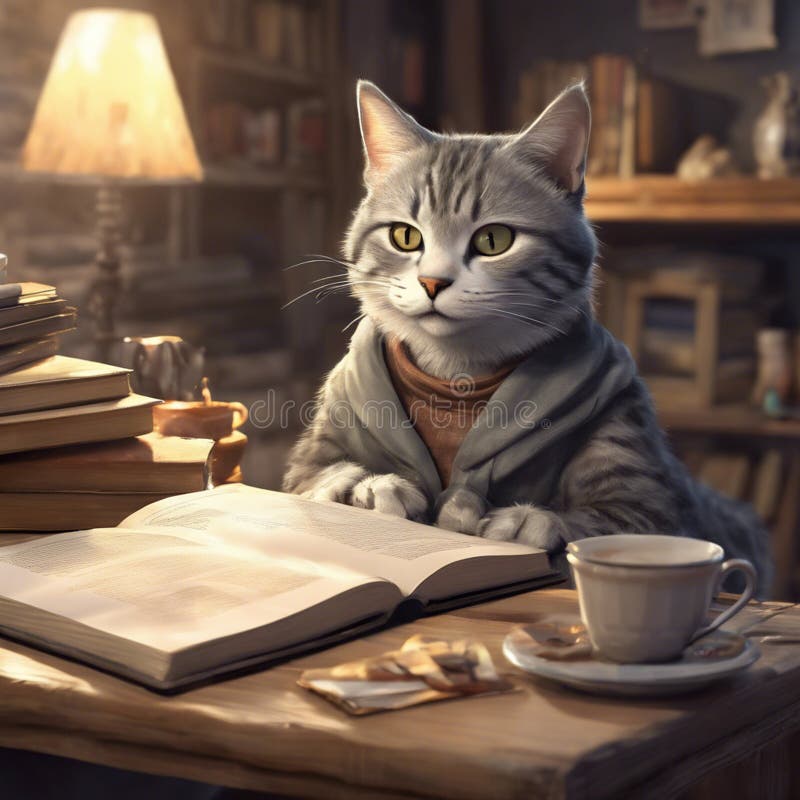 A Charming Gray Cat is Sitting at a Wooden Table in a Cozy Study ...