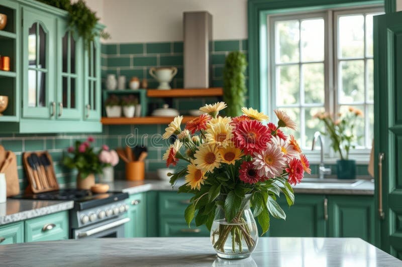 Charming Green Kitchen with Flowers Stock Illustration - Illustration ...