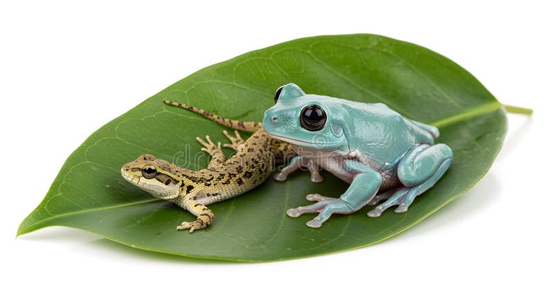 Charming Green Tree Frog and Lizard on Leaf Stock Image - Image of ...