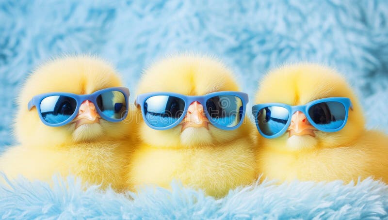 A Charming Group of Three Yellow Chicks Wearing Blue Sunglasses Against ...