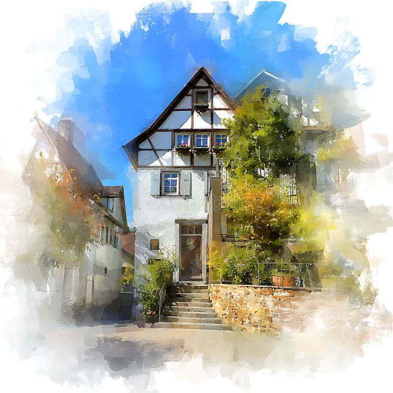 Charming HalfTimbered House on a Sunny Day Artistic Impression Stock ...