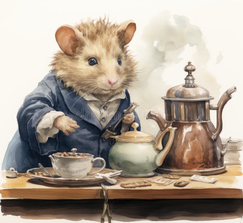 Charming Hamster Brews Tea in Vintage Kitchen Setting with Delicate ...