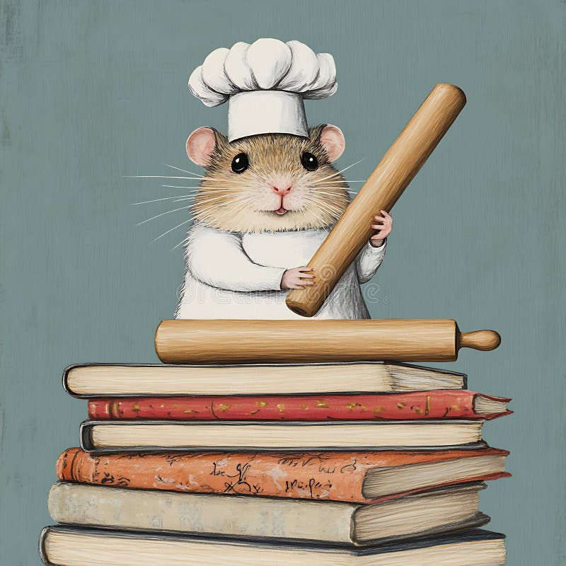 Charming Hamster Chef with Rolling Pin on Stack of Books Stock ...