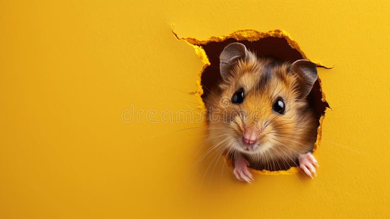 Cute Hamster Peeks Out of Hole in Vibrant Yellow Background. Playful ...