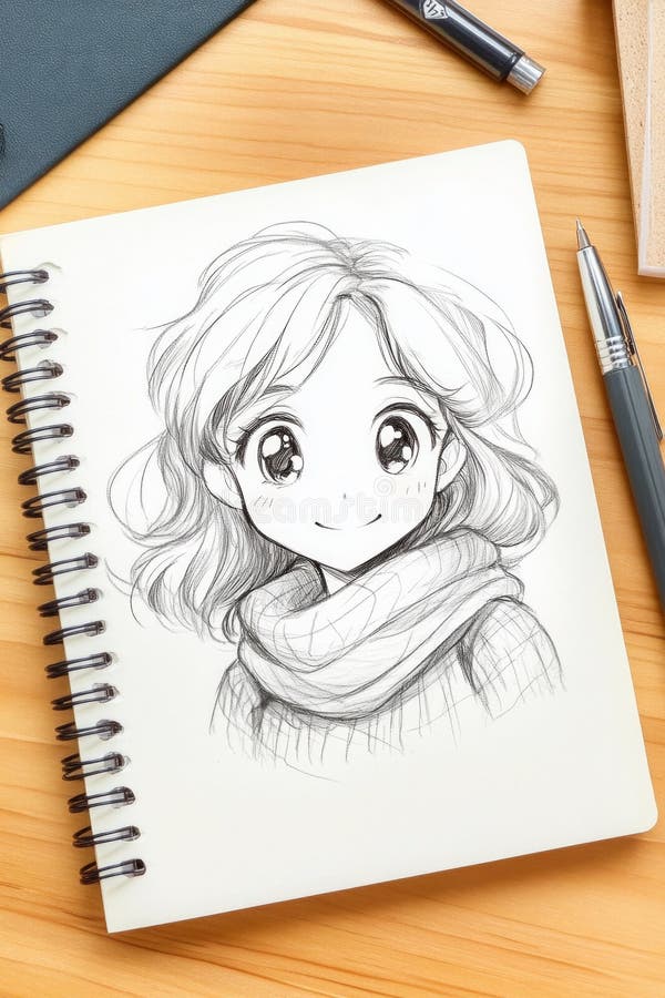 A Charming Hand-drawn Anime Character Sketched in a Spiral-bound ...