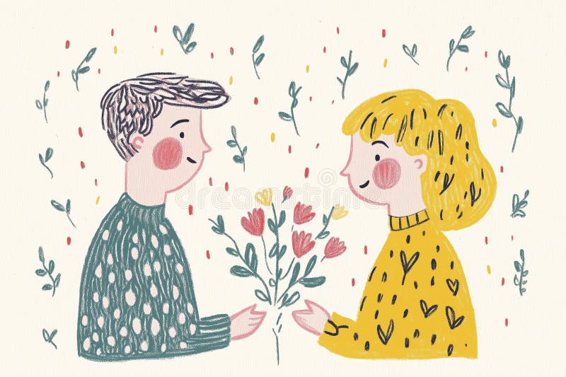 Charming Hand-drawn Couple with Flowers and Whimsical Plants Stock ...